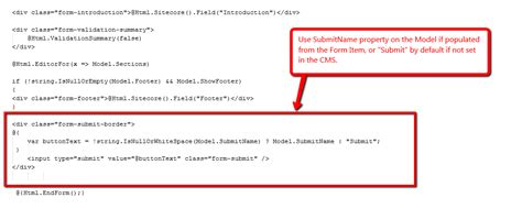 a fix for the hard coded submit button text in web forms for marketers on sitecore mvc