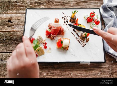 Eating Of Appetizers With Cutlery Eater Pov Stock Photo Alamy