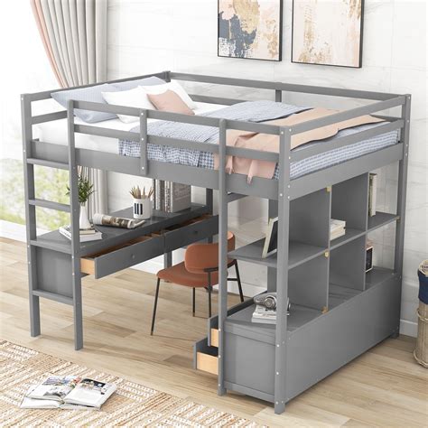 Full Size Loft Bed With Desk And Shelves Wooden Loft Bed Frame With S Overstock