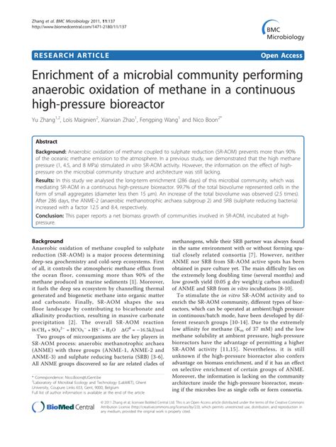 Pdf Enrichment Of A Microbial Community Performing Anaerobic Oxidation Of Methane In A