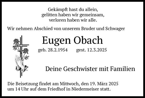 Traueranzeigen Von Eugen Obach Trauerhnade
