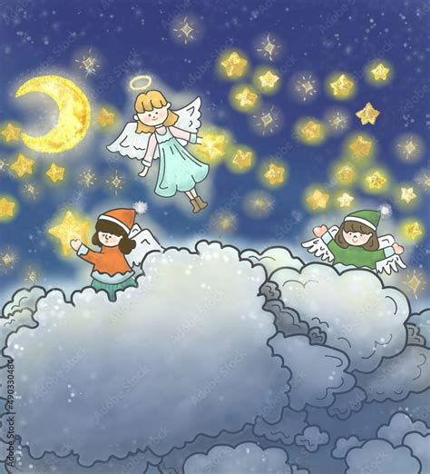 ภาพประกอบสต็อก 星空 妖精 天使 月 光 ファンタジー お伽話 壁紙 イラスト 背景 ภาพ Adobe Stock