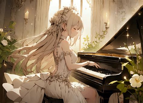 Anime Girl Sitting At A Piano In A Room With Flowers Seaart Ai