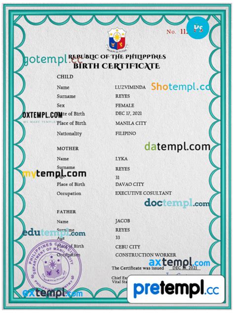 Filipino Birth Certificate Psd Example Completely Editable Pretempl