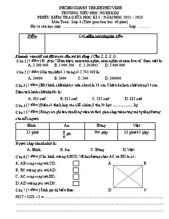 Đề kiểm tra giữa học kì I môn Toán Lớp Năm học Trường TH Nghi Kim