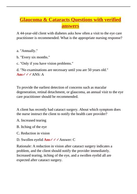 Glaucoma And Cataracts Verified Nursing Questions And Answers