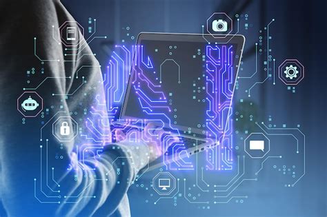 Premium Photo Close Up Of Hacker In Hoodie Using Laptop Computer With Glowing Blue Ai Hologram