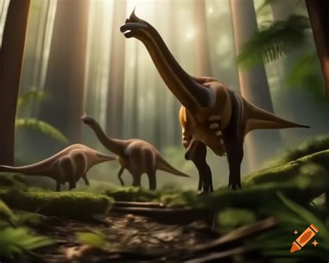 Hadrosaurus Crossing Ravine In Redwood Forest With Fern Undergrowth On