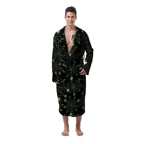 Spider Black And Green Neon Spider Web Print Pattern Mens Robe