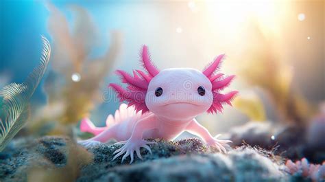Cute Pink Axolotl Underwater Surrounded By Aquatic Plants And Soft