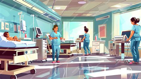 A Illustration Of A Hospital Maternity Ward With Nurses Caring For