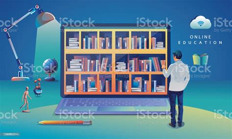노트북 웹 사이트 배경에서 전 세계적으로 학습 하는 온라인 교육 응용 프로그램 사회적 거리 컨셉 북 강의 연필 교실 교육 과정 도서관 벡터 일러스트 플랫 디자인 3차원