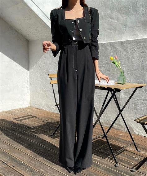 스티치 노카라 크롭 자켓 뒷밴딩 와이드 롱슬랙스 세트 3col 에이블리