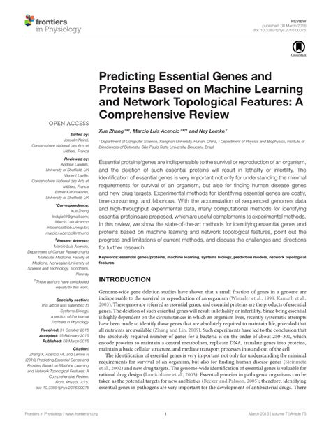 Pdf Predicting Essential Genes And Proteins Based On Machine Learning And Network Topological
