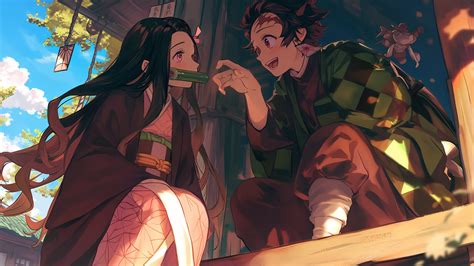 Cute Nezuko And Tanjiro Near House Desktop Wallpaper In 4k