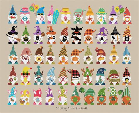 Gnome Cross Stitch Pattern Pdf Set Collection Summer Christmas Easter