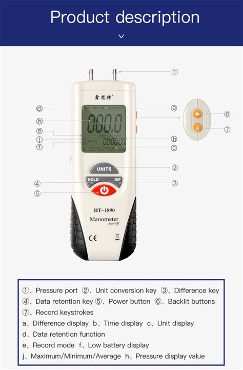 Manometer Pressure Meter 11 Selectable Units Differential Pressure