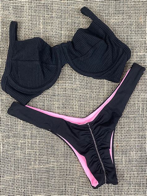Conjunto Biquíni Top Aro Blackberry And Calcinha Nina Preto Rosa Bebê Solar Bikinis
