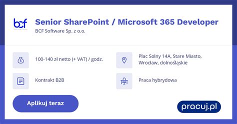 Oferta Pracy Senior Sharepoint Microsoft 365 Developer Bcf Software Sp Z Oo Wrocław
