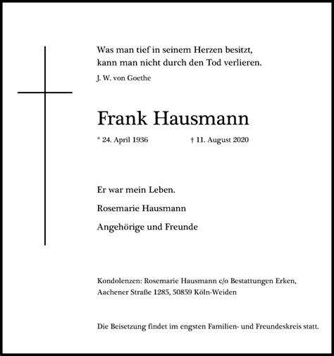 Traueranzeigen Von Frank Hausmann Wirtrauern