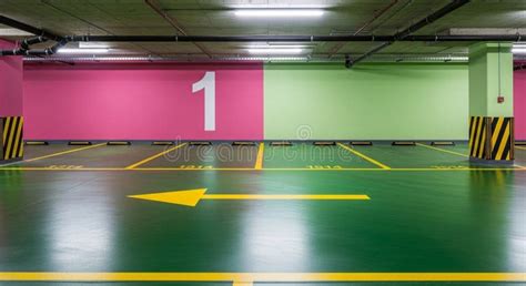 Empty Parking Garage Level With Brightly Colored Walls And Yellow Arrow