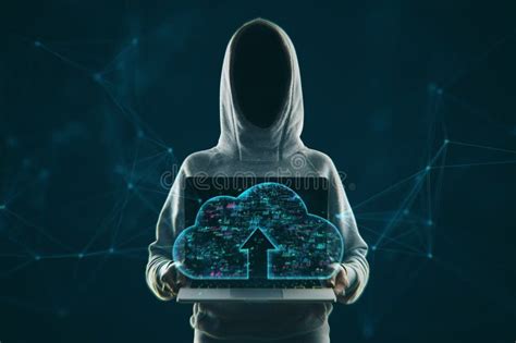 hacker in hoodie holding polygonal cloud icon on laptop screen on dark