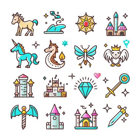 A Set Of 16 Colorful Handdrawn Illustrations Of Fantasy Creatures