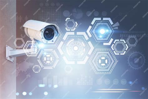 Premium Photo Modern Cctv Camera On A Wall A Blurred Background With Abstract Infographics