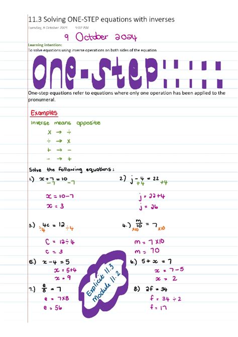 Notes Solving One Step Equations Using Inverse Operations Lesson Ideas Solving