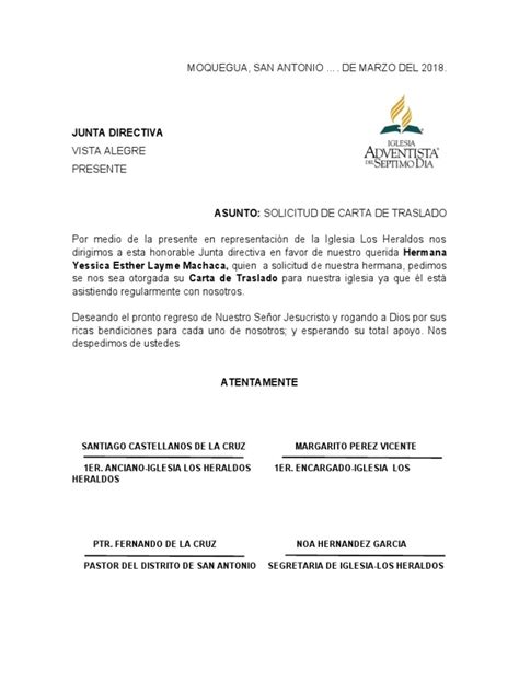 Solicitud De Carta De Traslado Iglesia Pdf