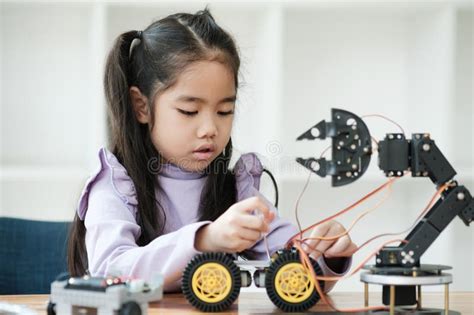 Stem Education Concept Asian Young Girl Learning Robot Design Stock