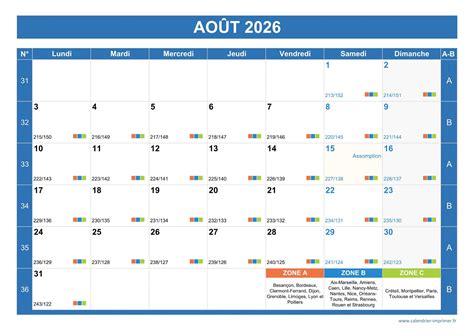 Calendrier Août 2026 à Imprimer