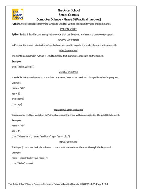 Grade 8 Cs Practical Outline Pdf Python Programming Language