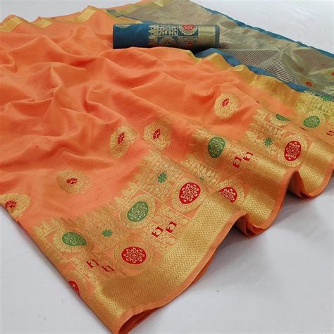 Peach Festive Wear Woven Banarasi Saree With Butta And Jacquard Border