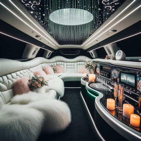 Luxury Limousine Interior With Candles And White Leather Couches