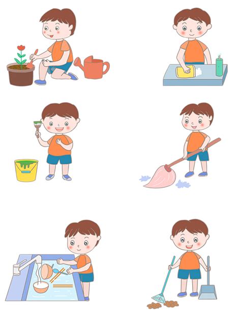 卡通做家务的小男孩生活矢量素材