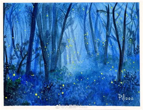 水粉画夜晚森林水粉画星空森林简单的水粉风景画大山谷图库