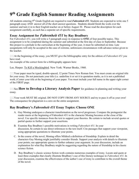 Fahrenheit 451 9th Grade English Summer Reading Assignment