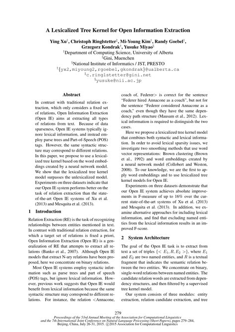 Pdf A Lexicalized Tree Kernel For Open Information Extraction