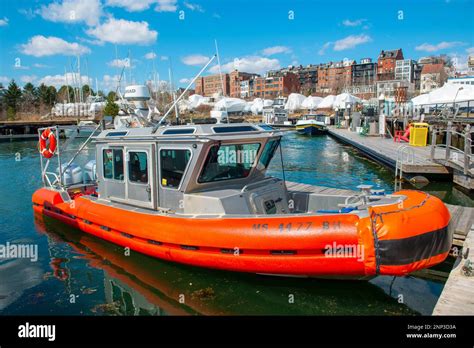 East Boston Coast Guard 25 Foot Defender Class Boat Docked At Pier In