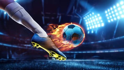 A Soccer Player S Foot Kicking A Flaming Soccer Ball In A Stadium Under