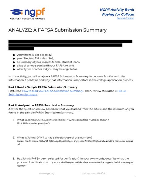 Analyze A Fafsa Submission Summary Ngpf Activity Bank Paying For College Spanish Version