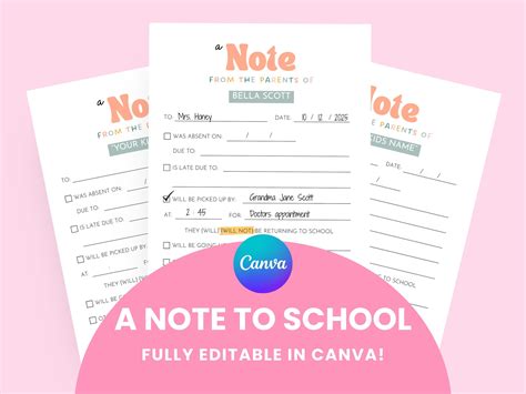 Printable School Note Template Editable Absence Tardy Pickup Note