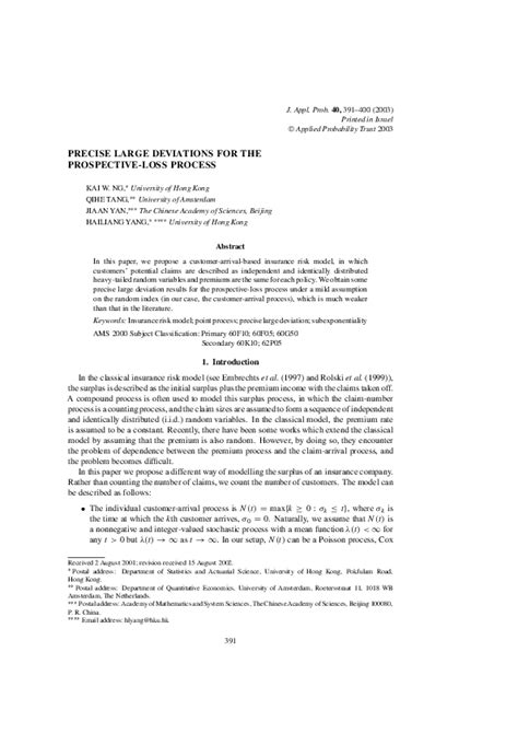 Pdf Precise Large Deviations For The Prospective Loss Process Qihe Tang And Jia An Yan