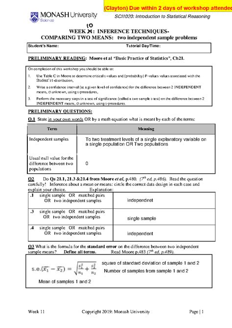 Week 10 Week 10 Workshop Sci1020 Introduction To Statistical Reasoning Week 11 Copyright