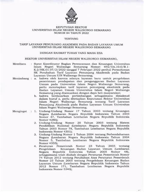 1 Sk Rektor No 84 Tahun 2022 Tentang Tarif Layanan Penunjang Akademik Pada Blu Uin Walisongo