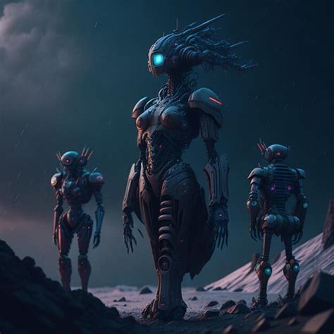 Premium Ai Image Three Robots Are Standing In The Dark And One Of
