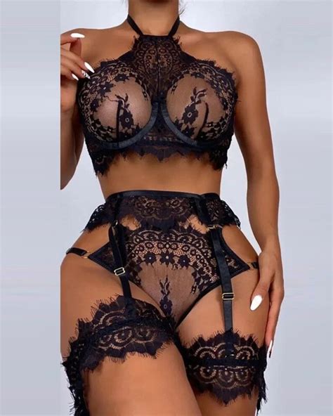 Halter Lace Garter Lingerie Set Etsy