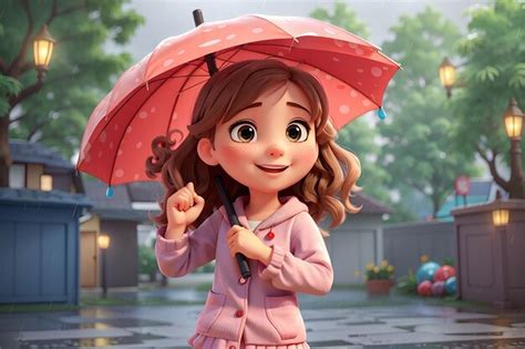 Premium Ai Image A Cute Cartoon Girl With Rosy Cheeks And A Bright Smile Dancing In The Rain