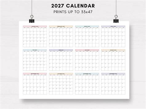 2027 Large Printable Wall Calendar Pastel Minimalist Planner Landscape